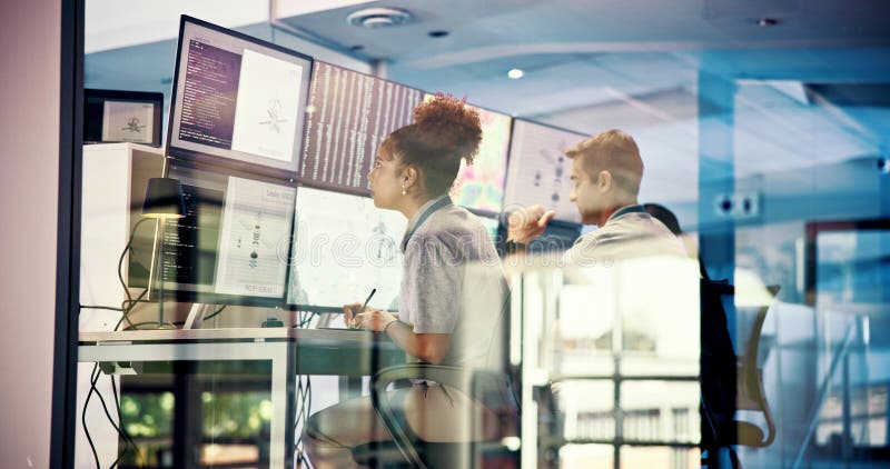 People, Control Room and Monitor Satellite with Data To Track ...