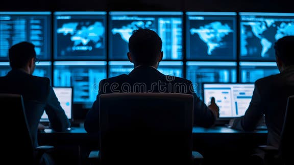 People in Control Room Monitoring Data Streams, Cybersecurity Defense ...