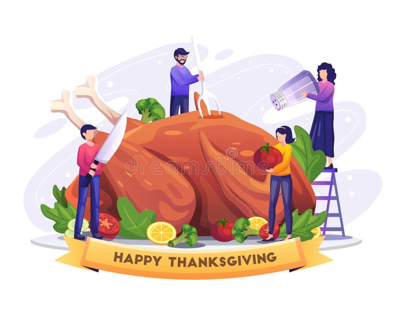 People Cooking and Enjoying a Huge Turkey on Thanksgiving. Flat Vector ...