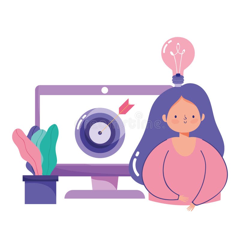 People Creativity and Technology,girl with Computer Target Idea Cartoon ...