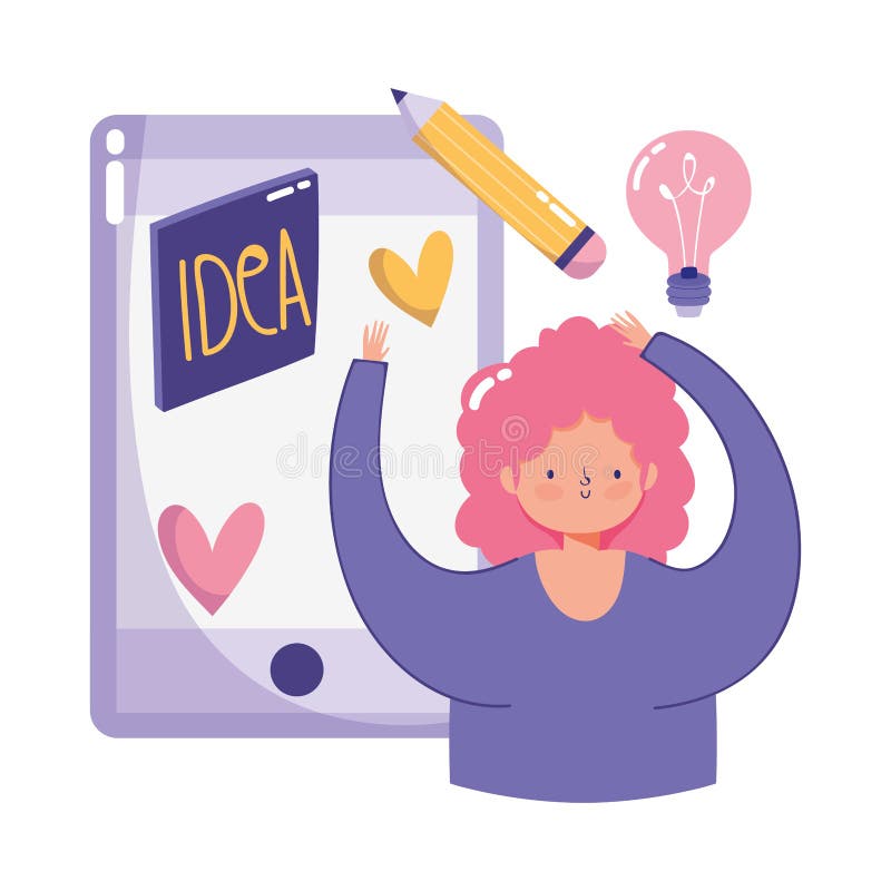 People Creativity Technology, Girl Smartphone Idea Pencil Light Bulb ...