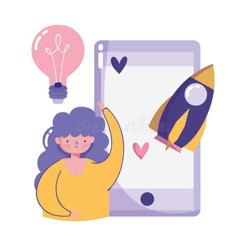 People Creativity Technology, Girl Smartphone Rocket Bulb Idea Cartoon ...