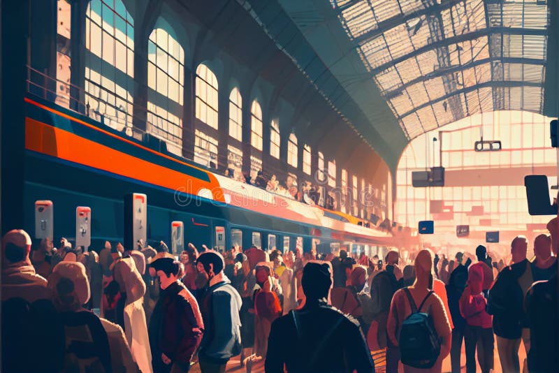 People in the Crowd Get Off the Train in Train Terminal. Stock Image ...