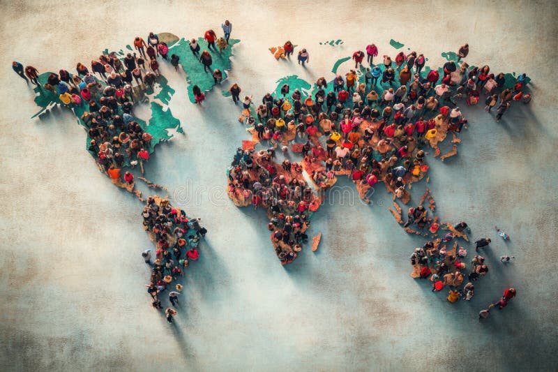 People Crowding World Map Depicting Global Population and Diversity ...