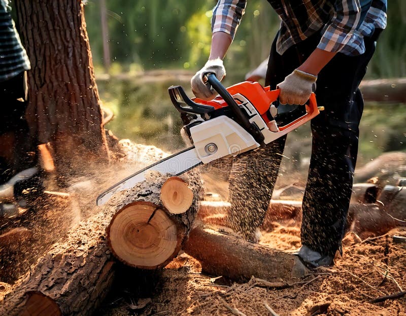 People Cutting Trees with Chainsaws and Sawing Logs Stock Illustration ...