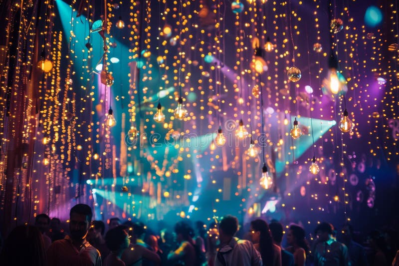 People Dance at a Nighttime Party Illuminated by Hanging String Lights ...