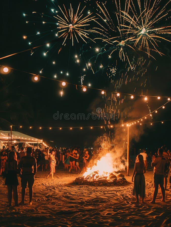People are Dancing Joyfully Around a Bonfire on the Beach, while ...
