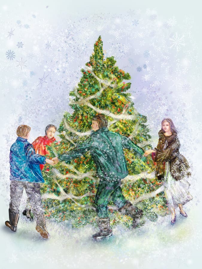 People Dancings Round a Festive Fir-tree Stock Illustration ...