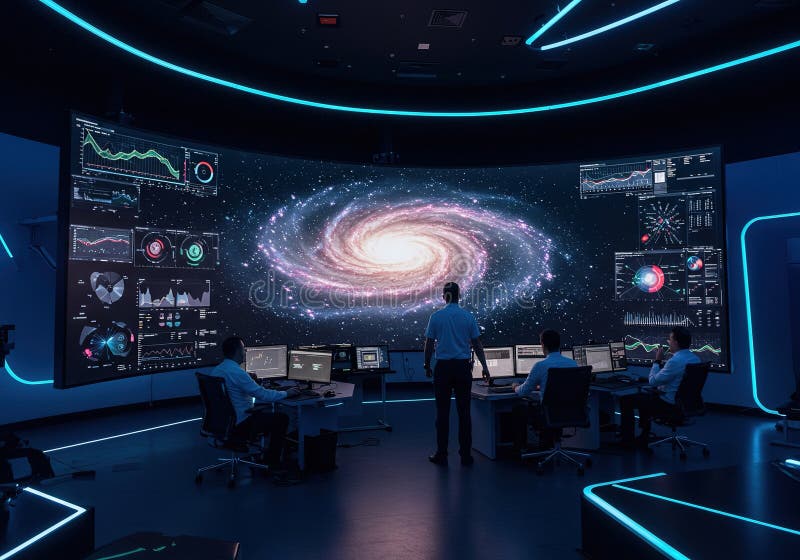 People in a Dark Room with a Large Screen Showing a Galaxy Image. Stock ...