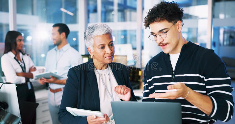 People, Developer and Mentor on Laptop in Office of Programming, Coding ...