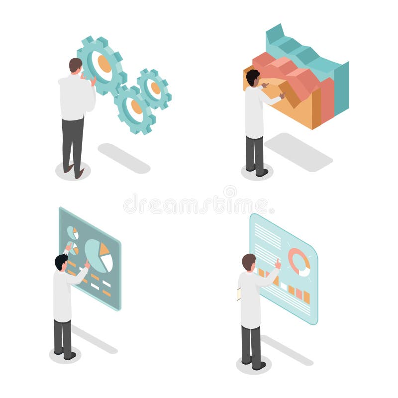 People Developing, Make Inventions and Analyzing Data Vector Isometric ...