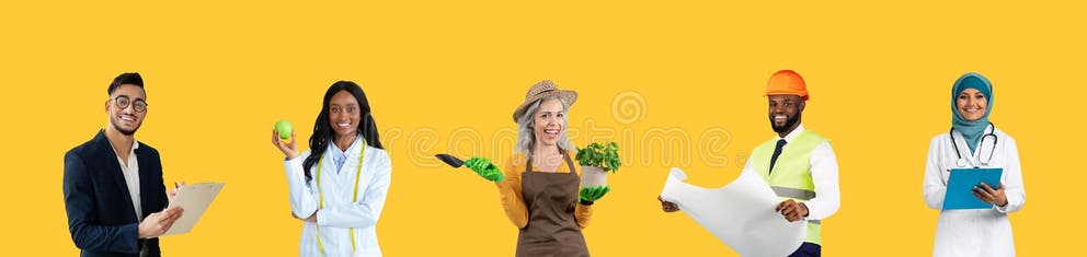 People of Different Professions Posing Together on Yellow Studio ...