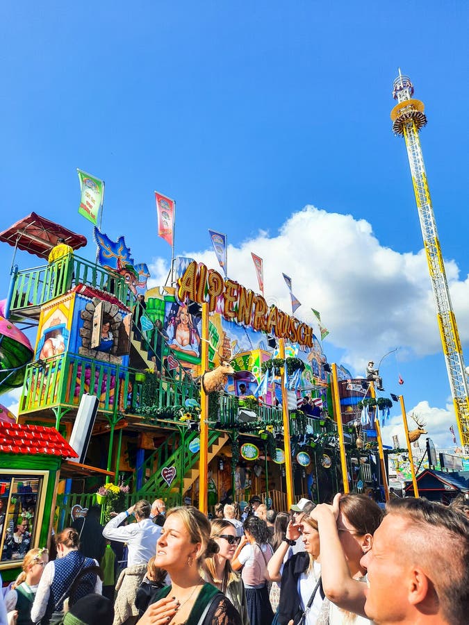 Oktoberfest rides at night editorial stock image. Image of vendors ...
