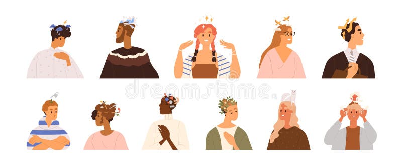 Types of Thinking. Men and Woman Side View Faces Silhouettes, Different ...