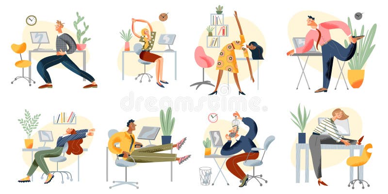 People Do Exercise Workout on Office Workplace Set, Take Healthy Break ...