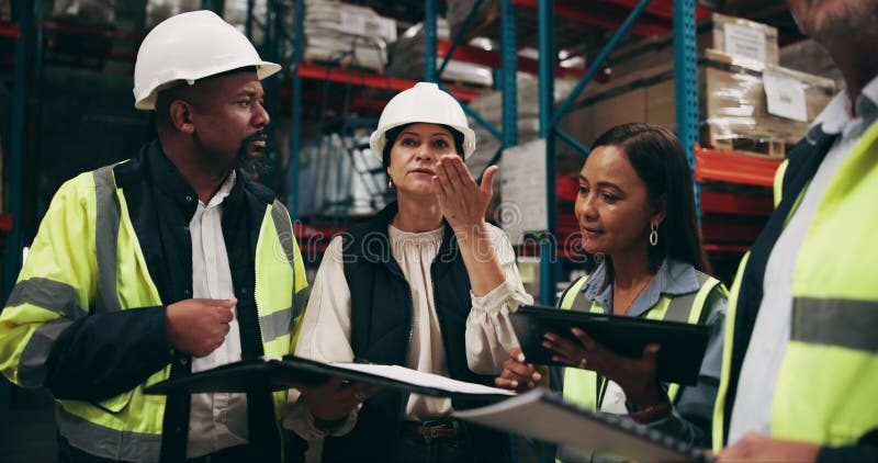 People, Documents and Warehouse with Teamwork, Tablet and Communication ...