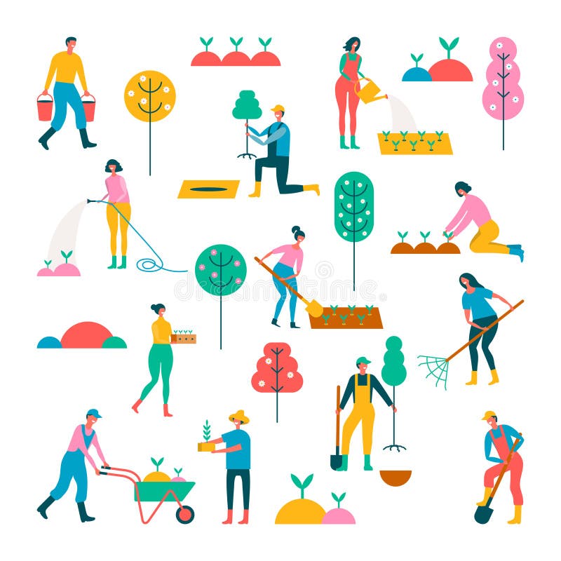 Spring work. Set of people stock vector. Illustration of blooming ...