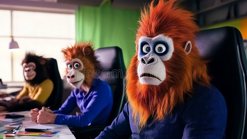 People Dressed in Monkey Costumes Sitting at a Desk in a Colorful ...