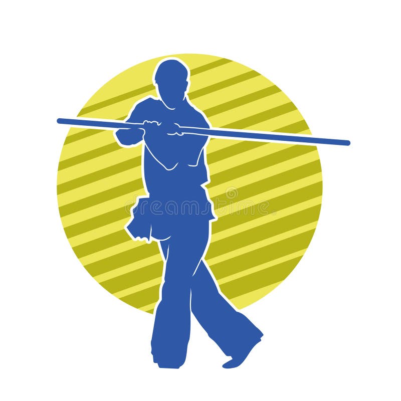 Silhouette of a Slim Male Fighter in Action Pose Using Staff Weapon ...