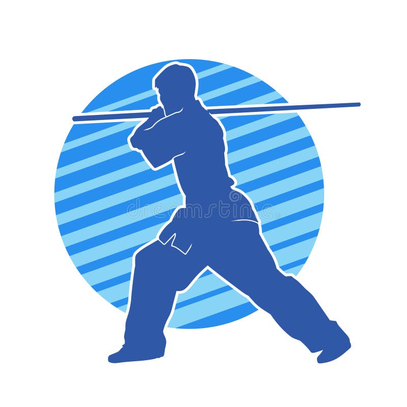 Silhouette of a Slim Male Fighter in Action Pose Using Staff Weapon ...