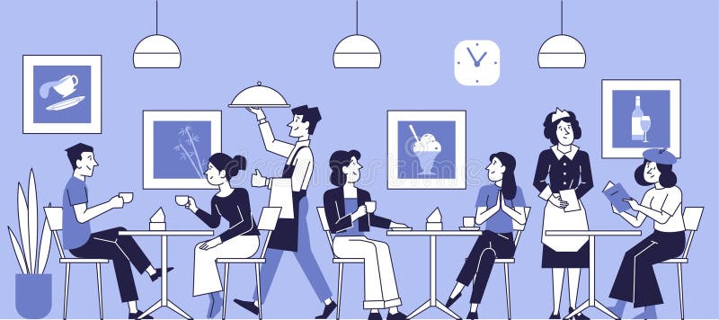 People Eat and Chat at Tables in a Restaurant. Stock Vector ...