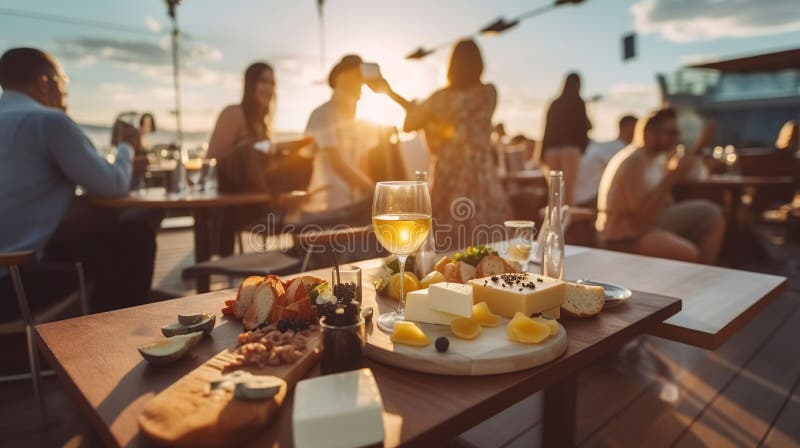 People Eating Cheese and Drinking Wine at Rooftop Restaurant at Sunset ...