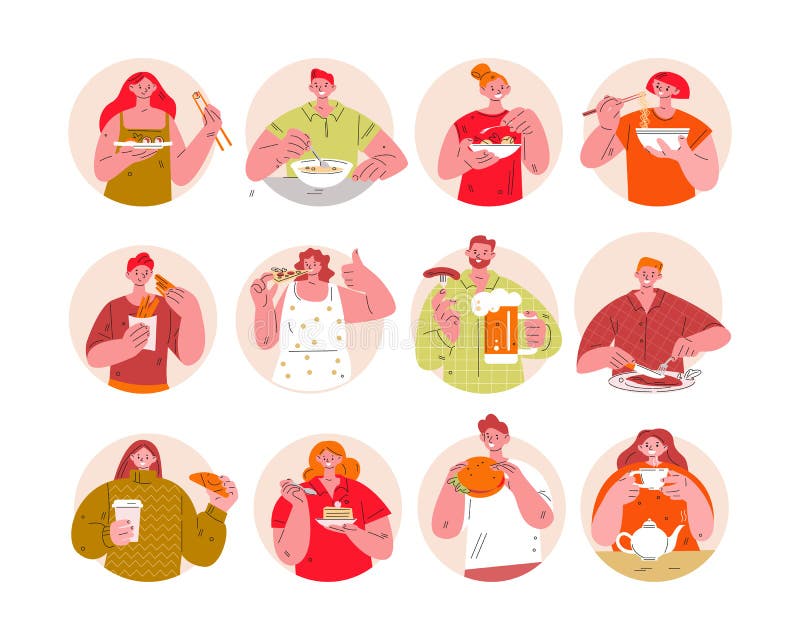 People Eating Different Foods. Set of Vector Illustrations of ...