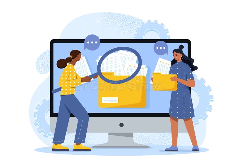 People with Electronic Database. Women with Magnifying Glass Looking at ...