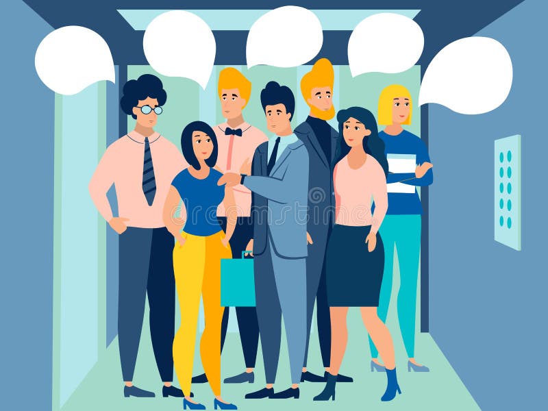 People in the Elevator Go To Work. Bubble Text for Conversation. in ...