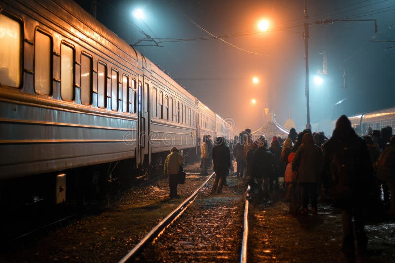 People Embark on Night Train Using Dramatic Lighting in a Bustling ...