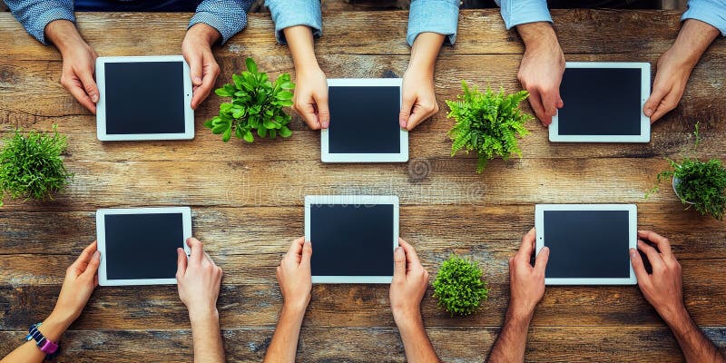 Group Collaboration in a Modern Workspace with Tablets and Greenery ...