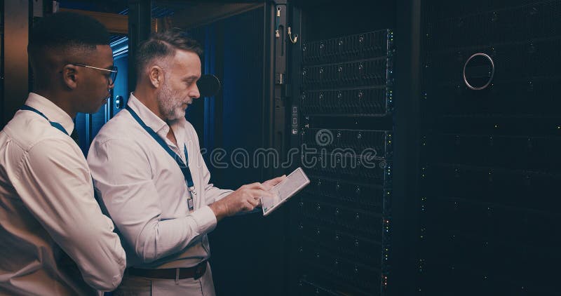 People, Engineer and Talk with Tablet in Server Room for Programming ...