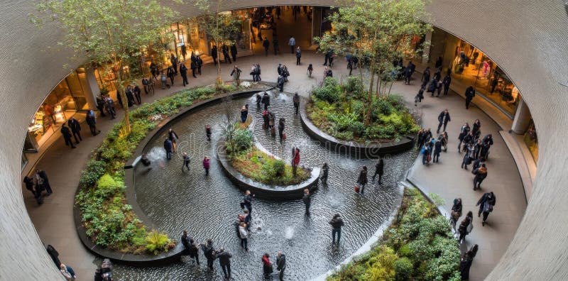 People Enjoy at Urban Oasis with Water Feature and Greenery Theme Stock ...