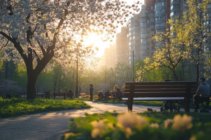 People Enjoying Sunset in a Park Full of Blooming Trees during ...