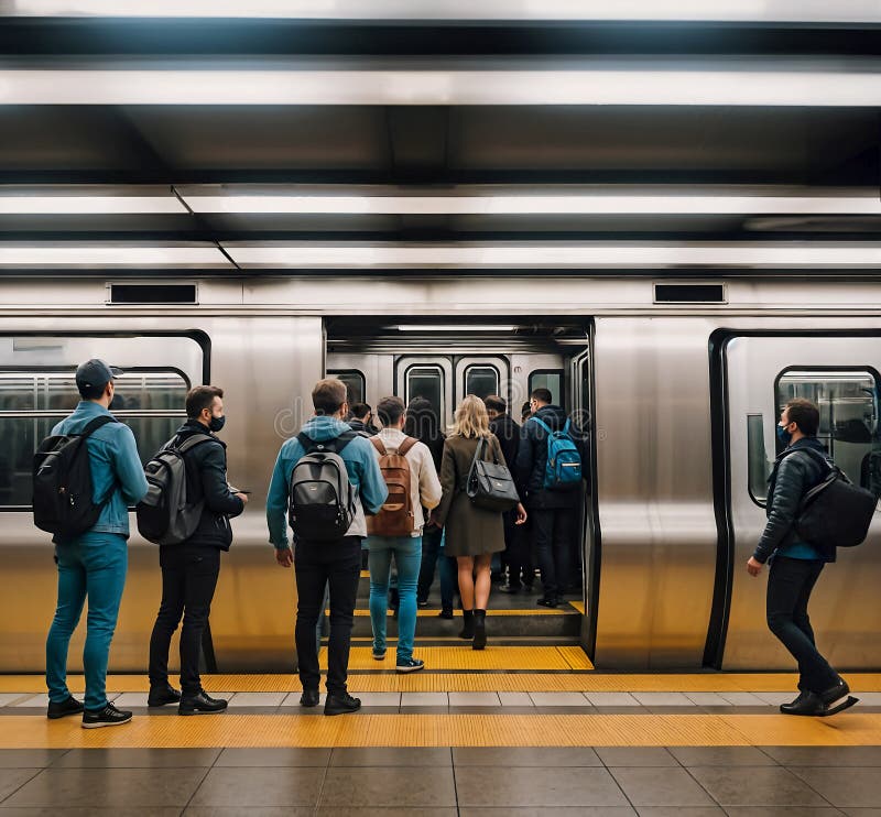 People Entering a Train from a Subway Station Stock Illustration ...