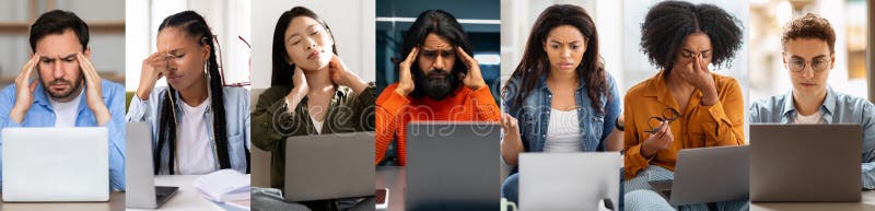 People Experiencing Stress while Working on Laptops in Various Indoor ...