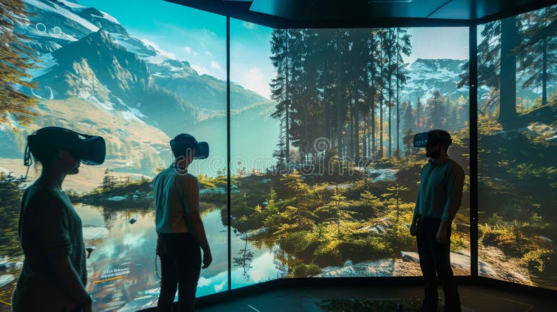 People Experiencing Virtual Reality Mountain Scenery Stock Image ...