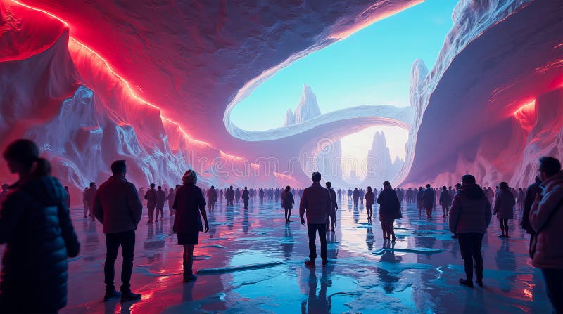 People Explore a Vibrant Cave Landscape with Glowing Formations and ...