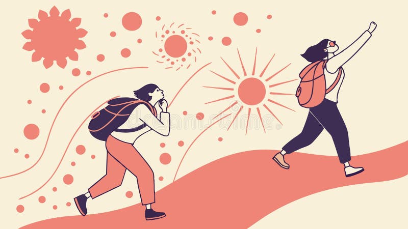 People Exploring Abstract Landscape with Sun Planets, Symbolizing ...