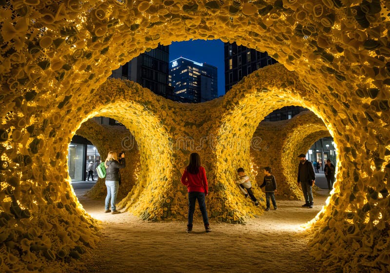 People Exploring Illuminated Archway Sculpture at Night with Warm ...