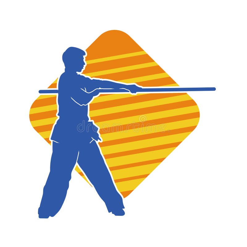 Silhouette of a Slim Male Fighter in Action Pose Using Staff Weapon ...