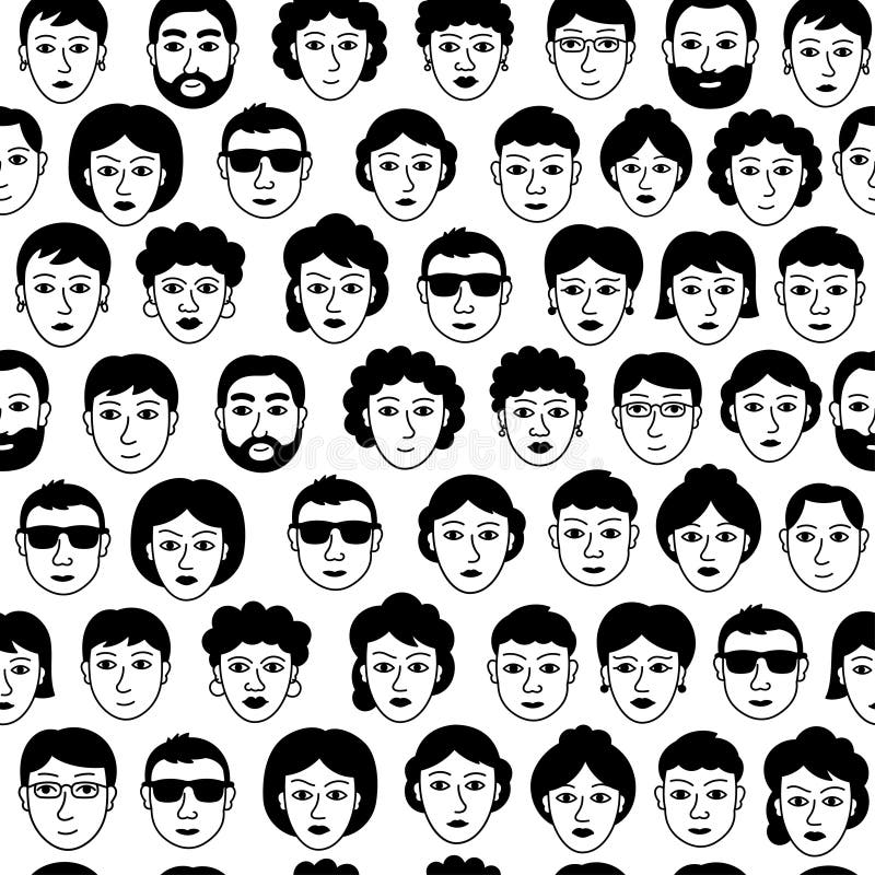 People Faces Pattern. Black and White Doodle. Vector Hand Drawn ...