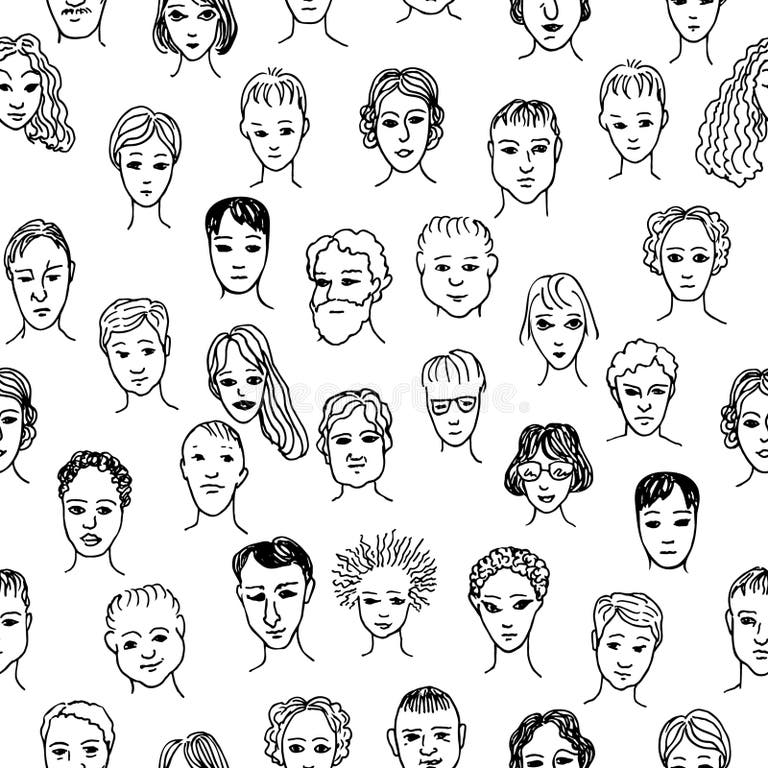 People Faces. Vector Black Line Seamless Pattern Illustration. Stock ...