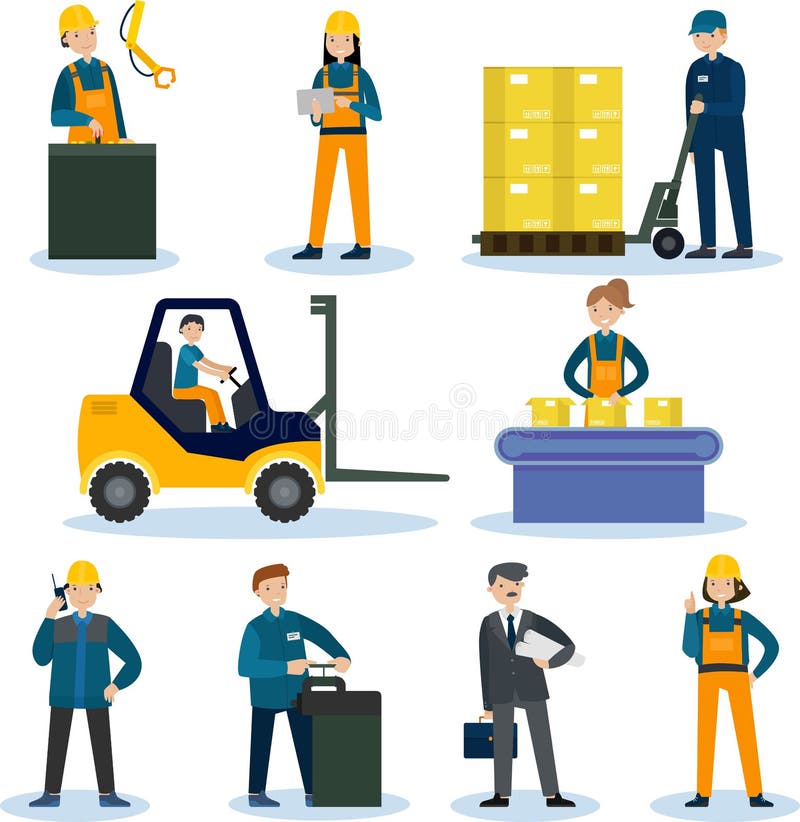 People in Factory and Warehouse Set Stock Vector - Illustration of ...