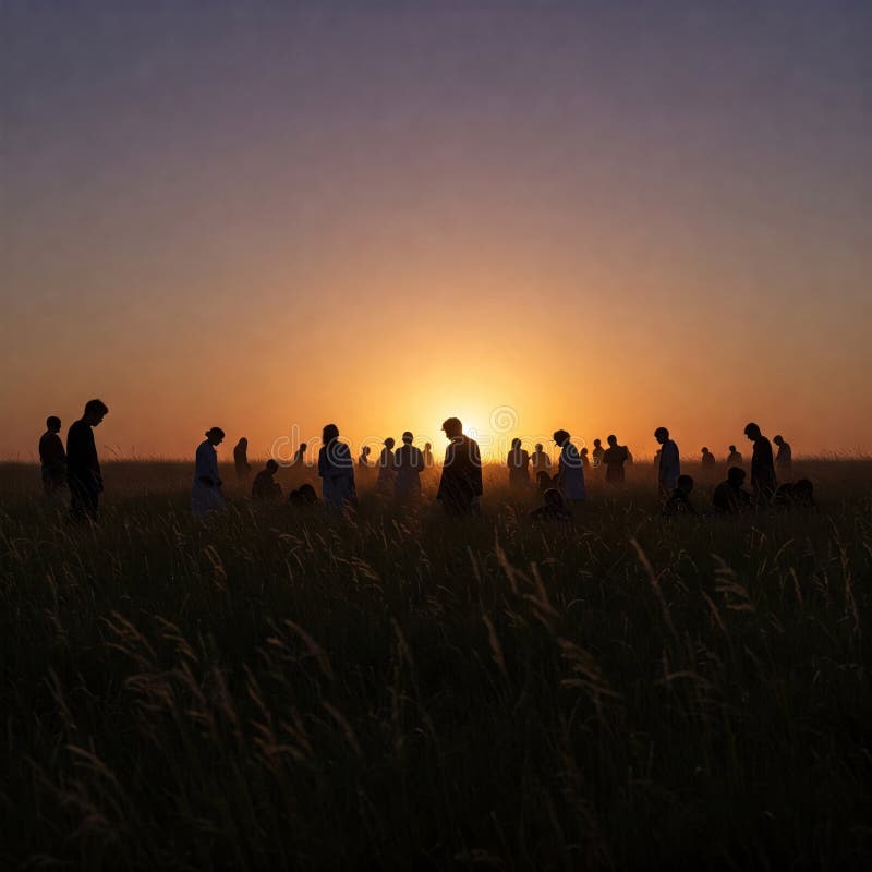 People in a Field at Sunset, Standing in the Fog. Stock Image - Image ...