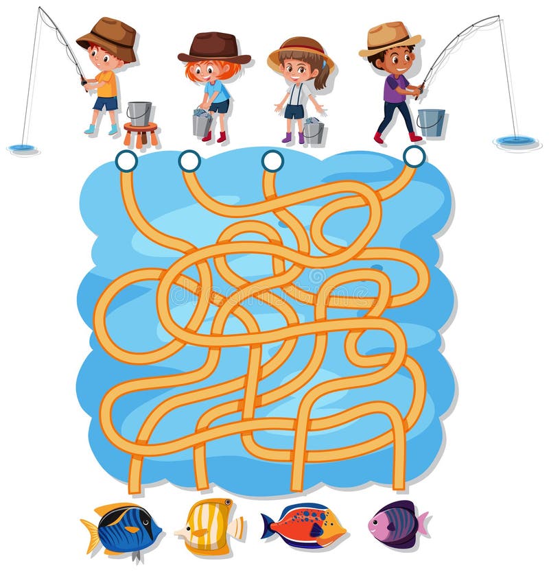 People fishing maze game stock vector. Illustration of route - 128396789