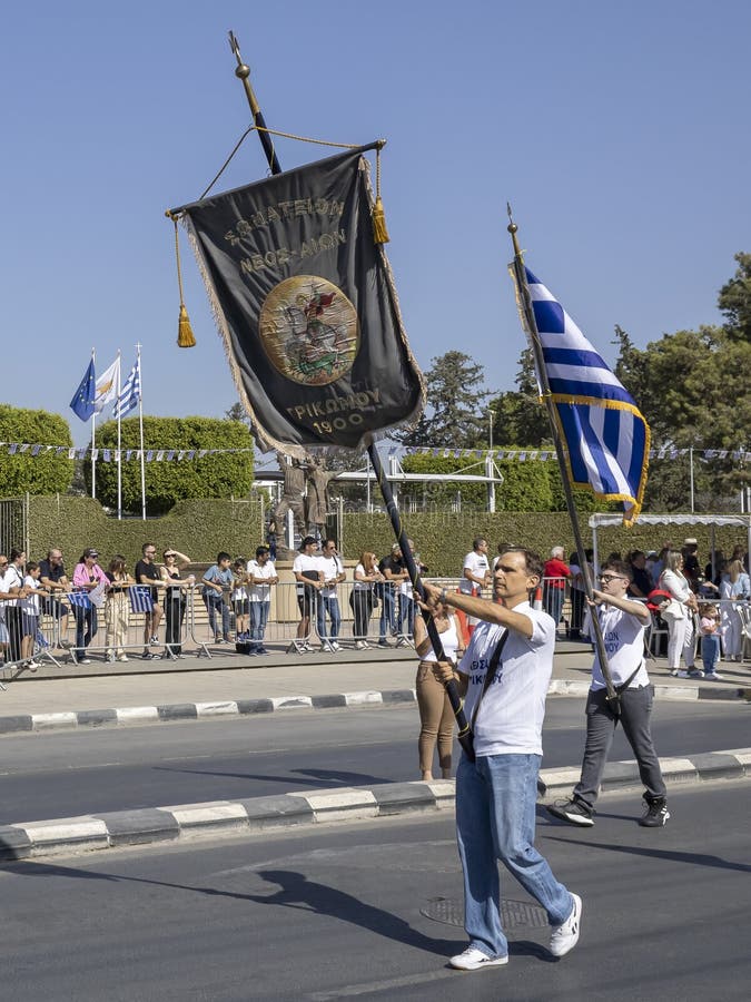 People with Flag and Banner on Parade, Limassol, Cyprus Editorial Stock ...