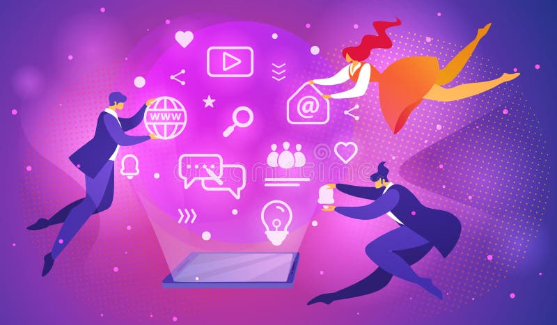 People Flying Around of Tablet with Glowing Screen Stock Vector ...