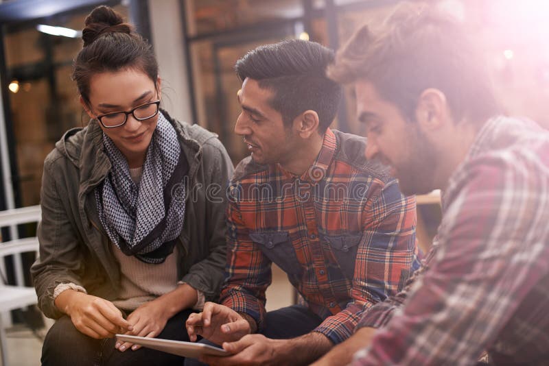 People, Friends and Discussion with Tablet at Cafe on Project, Deadline ...