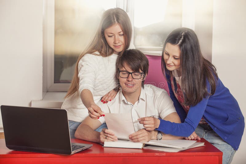 People Friends Working at Home at the Table Stock Image - Image of ...